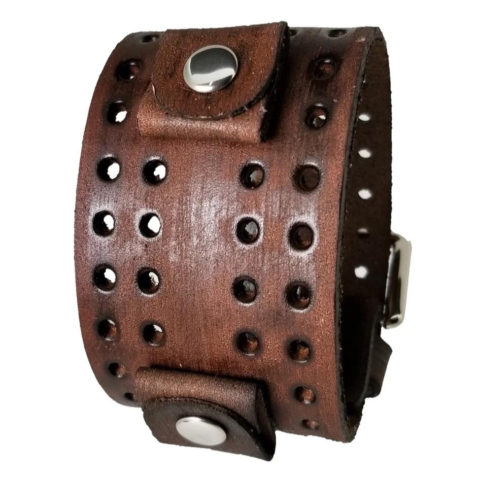 Double Perforated Distressed Brown Leather Wide Cuff VLH-B – Nemesis Double Perforated Distressed Brown Leather Wide Cuff VLH-B – Nemesis